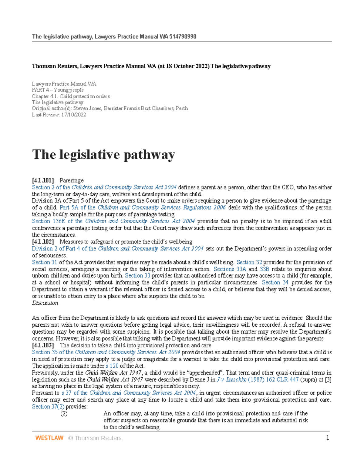 Child protection legislative pathway - Thomson Reuters, Lawyers ...