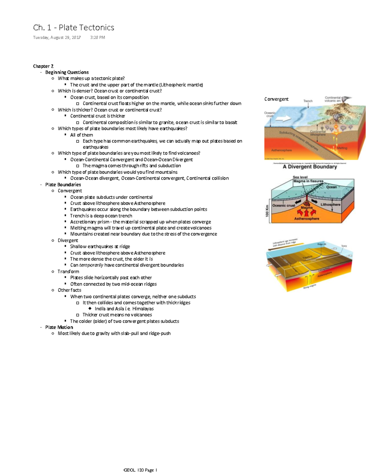 GEOL120 - Lecture notes 1-14 - Ch. 1 Plate Tectonics Tuesday, August 29 ...