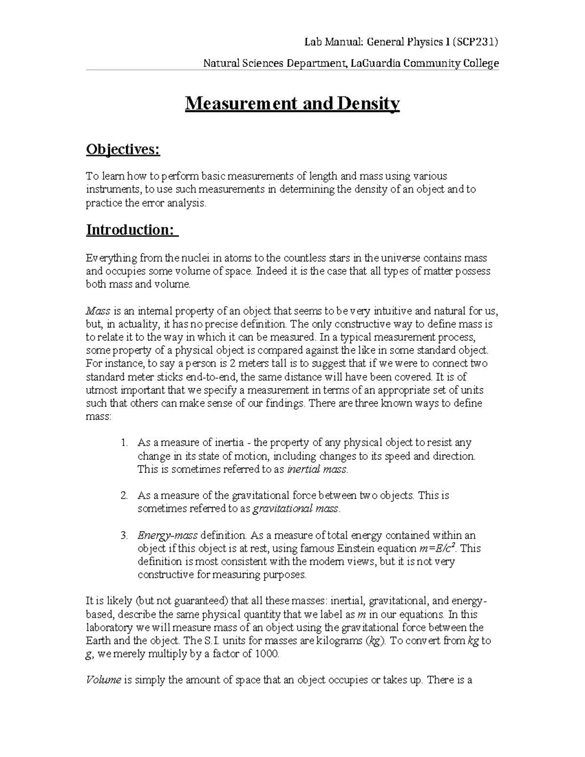 Lab #1 Measuring Density - Natural Sciences Department, LaGuardia ...
