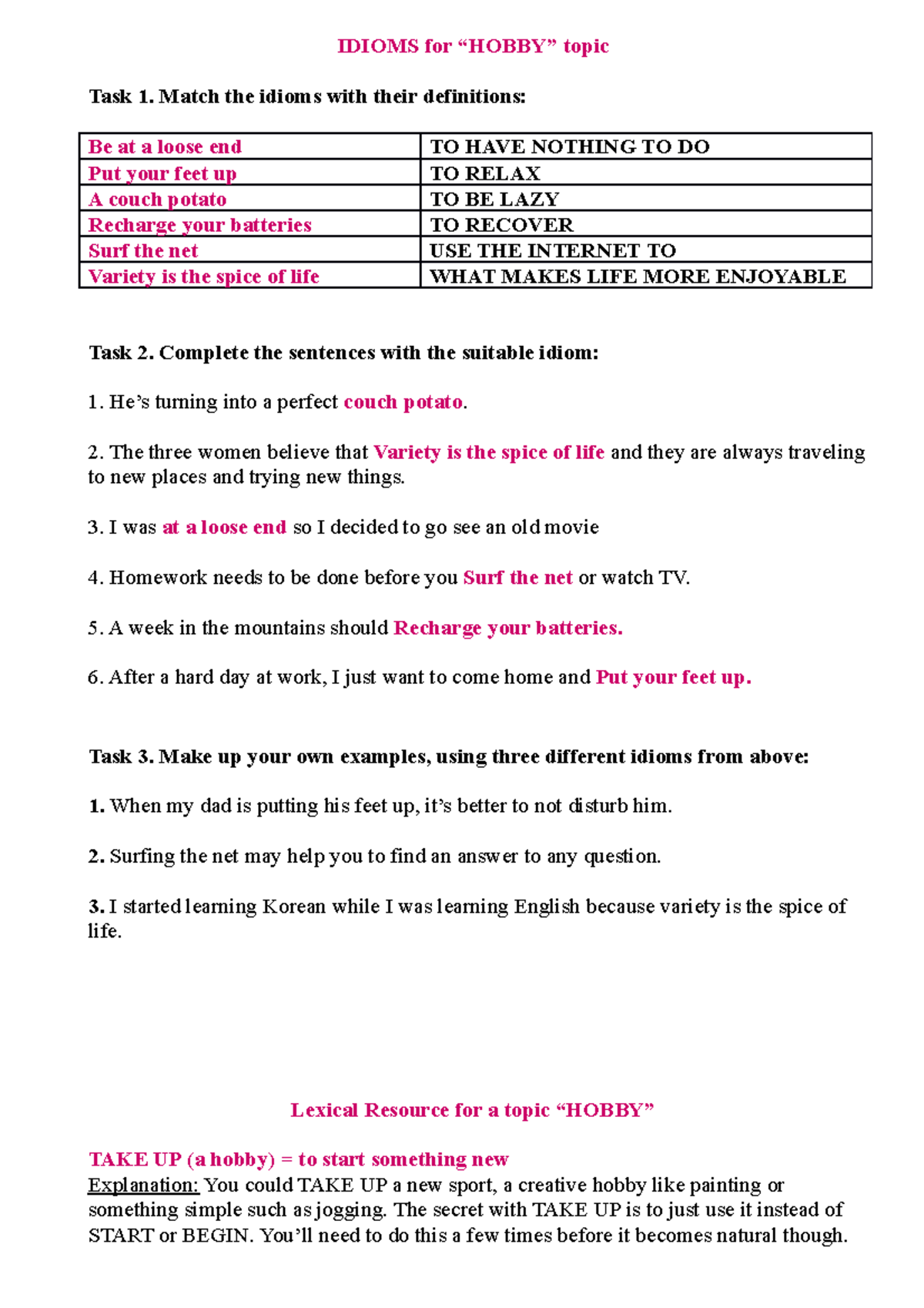Speaking Hobby - ielts prep - IDIOMS for “HOBBY” topic Task 1. Match ...