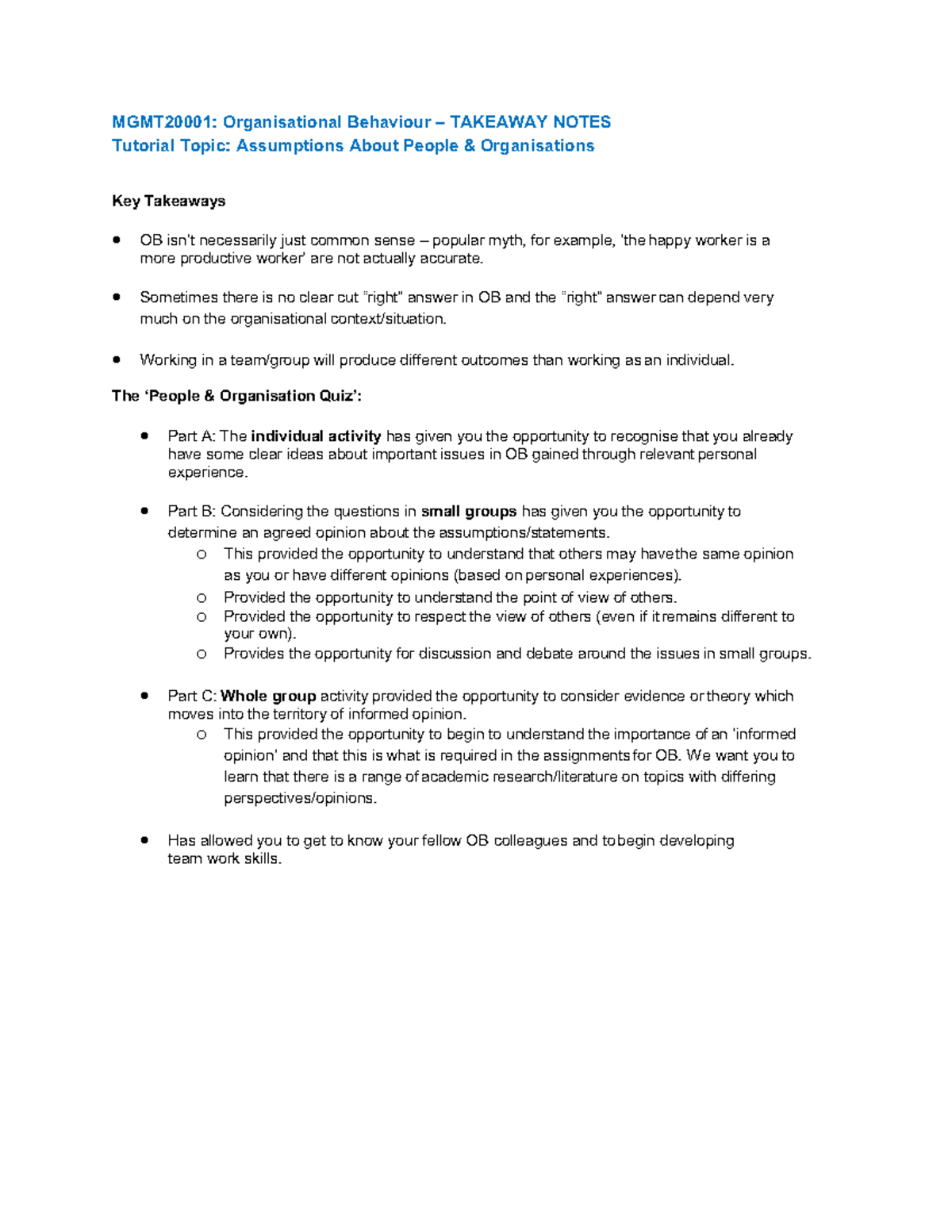 Tutorial Student - Take away notes (Intro & People and Organisations ...
