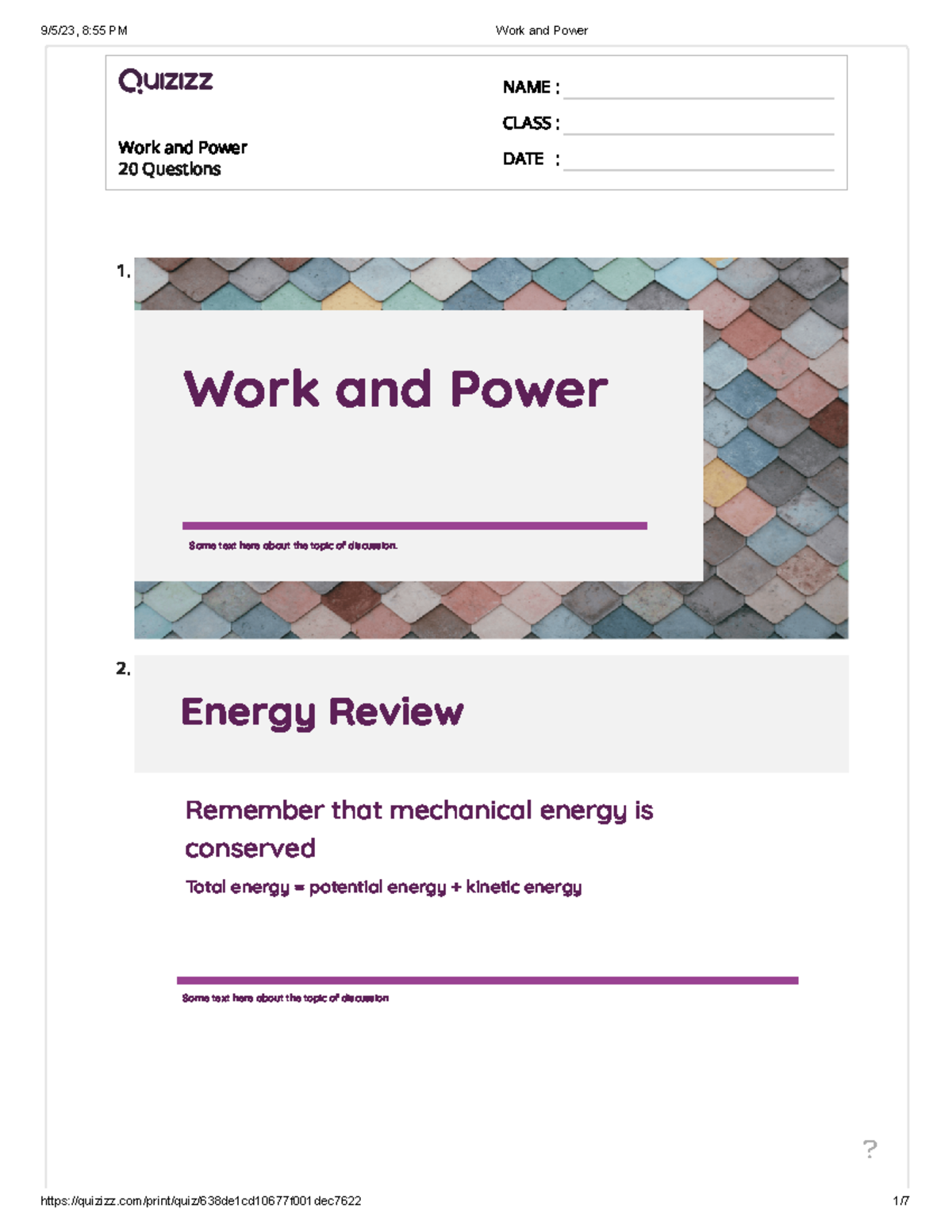 Work and Power - NOTHING - Work and Power 20 Questions NAME : CLASS ...