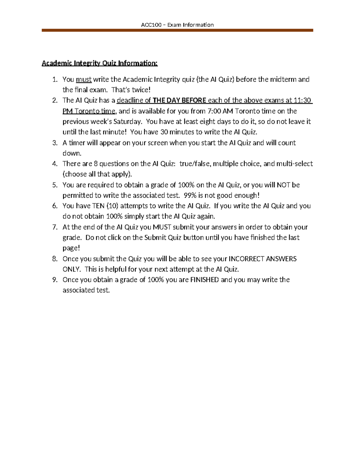 EXAM Information Sheet - Academic Integrity Quiz Information: 1. You ...