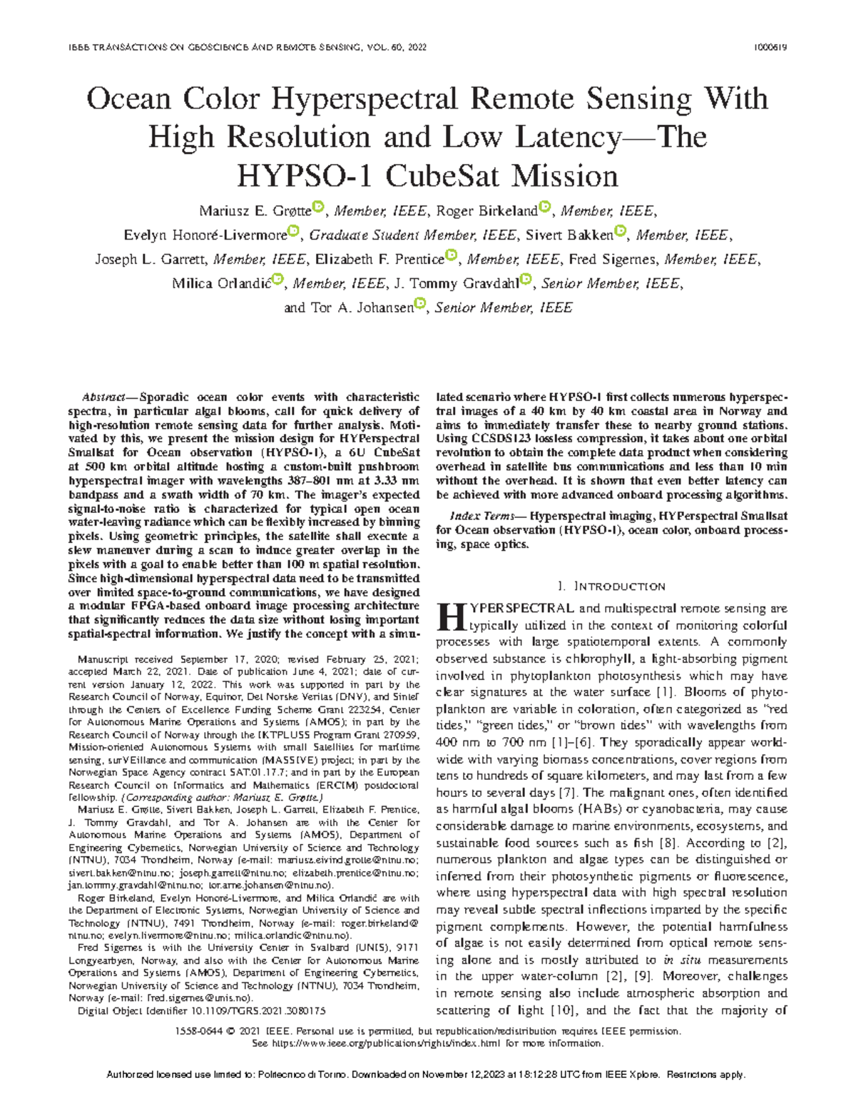 Ocean Color Hyperspectral Remote Sensing With High Resolution and Low ...