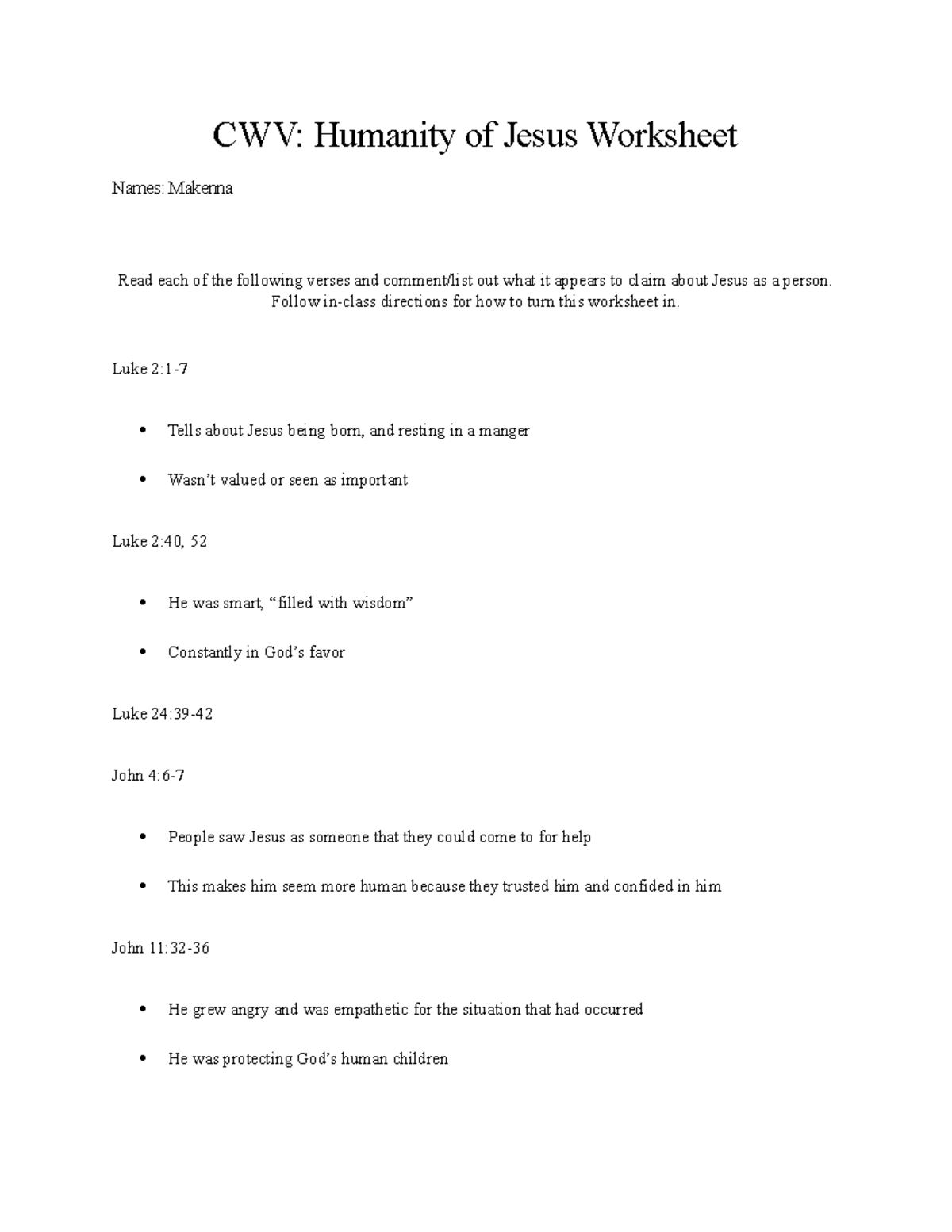 Humanity Worksheet - CWV: Humanity of Jesus Worksheet Names: Makenna ...