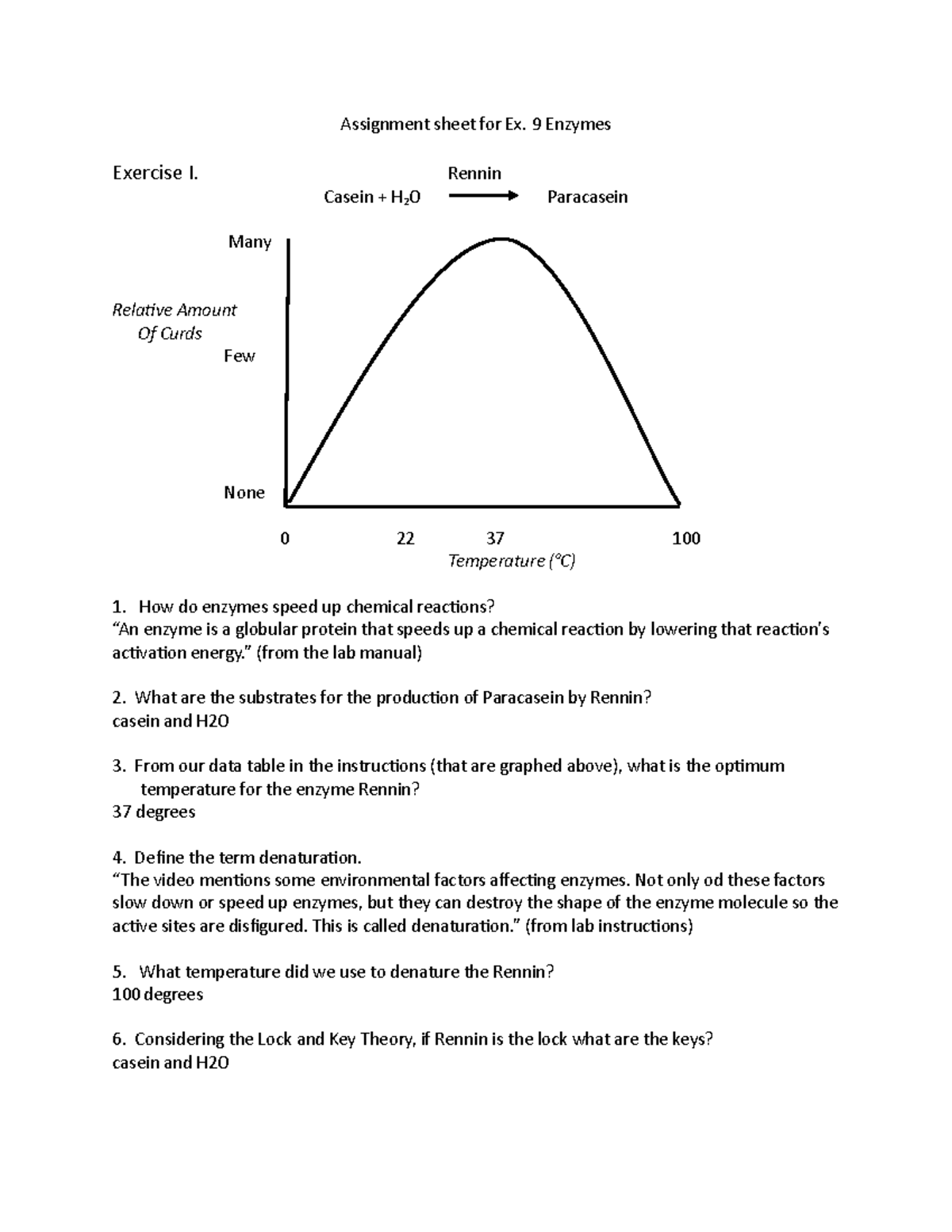 Enzyme Assignment (BIO 121L) - Assignment sheet for Ex. 9 Enzymes ...