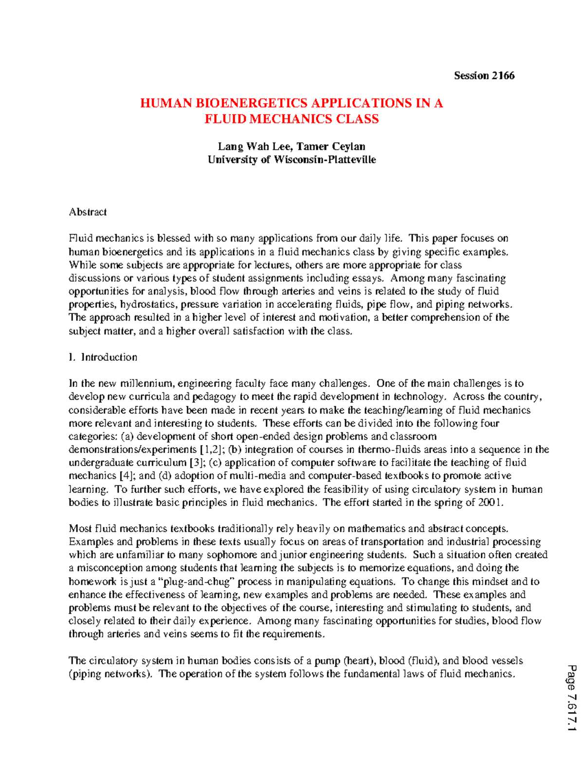Human bioenergetics applications in a fluid mechanics class - Session ...