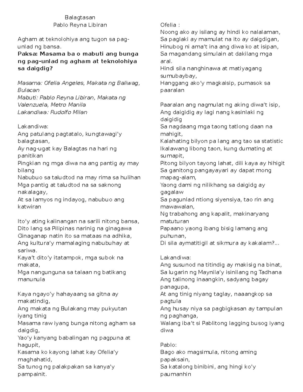 427199403-Balagtasan - Balagtasan Pablo Reyna Libiran Agham at ...