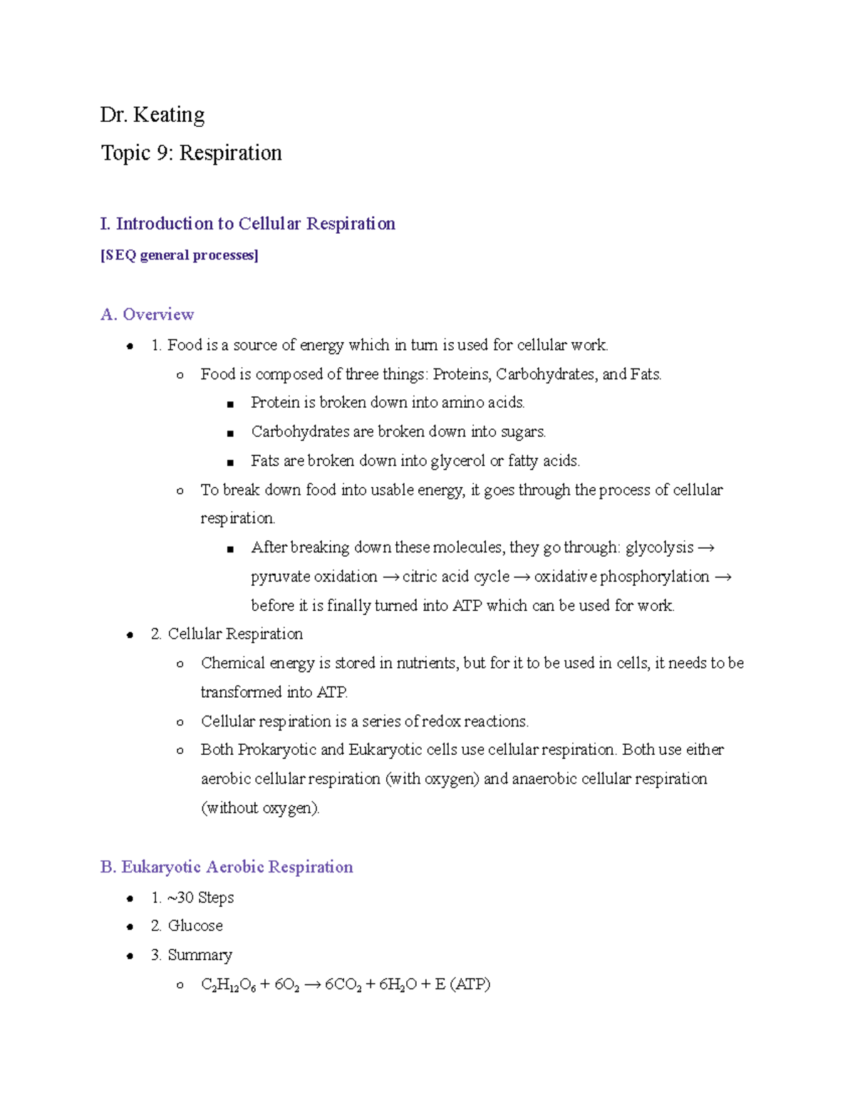 Lecture 9 - Respiration - Dr. Keating Topic 9: Respiration I ...