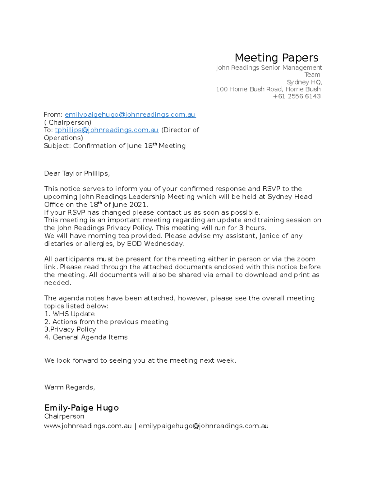 Bsbadm 502 Meeting Papers June 12th 2021 - Meeting Papers John Readings ...