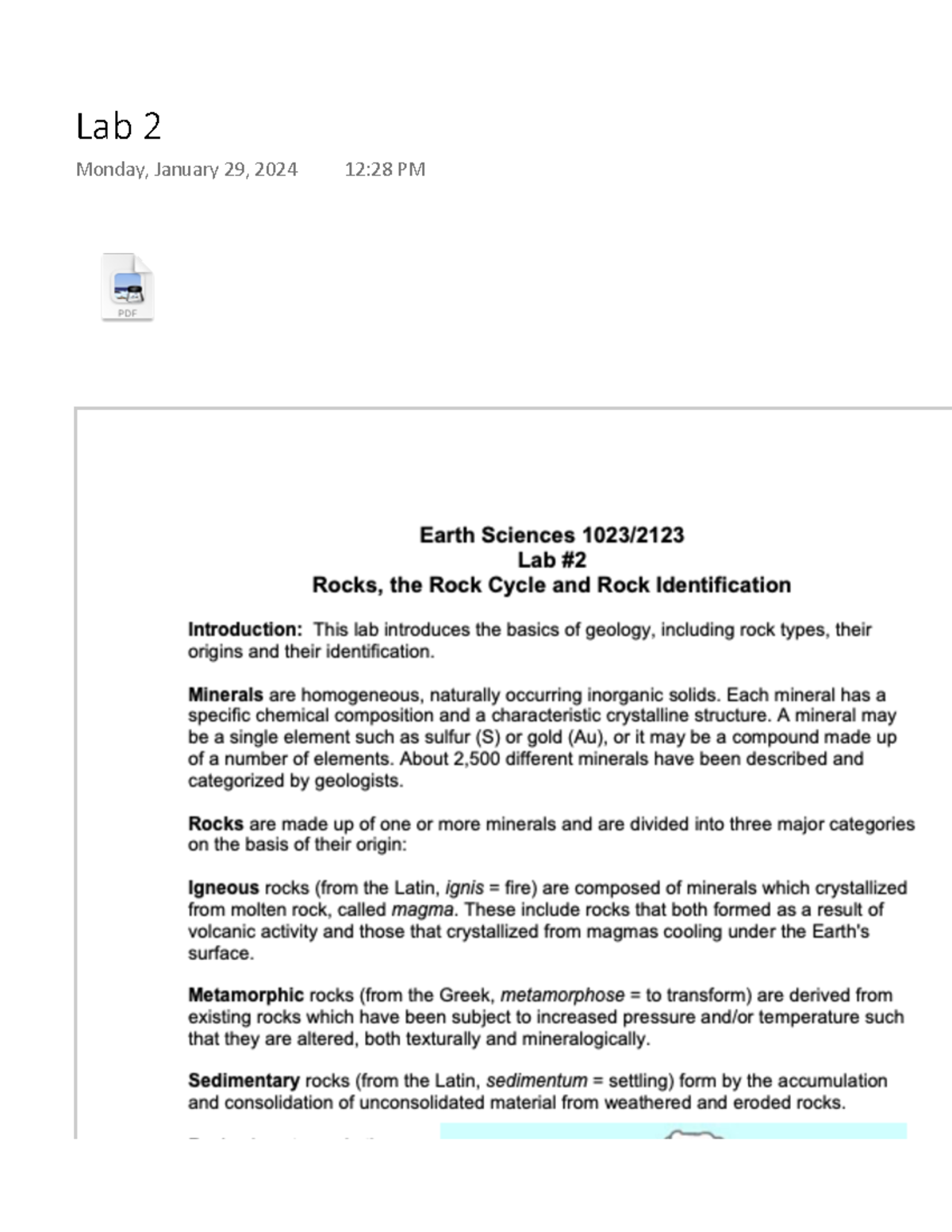 earth science lab 2 - Earth Sciences 1023A/B - ES 1023_212... Lab 2 ...