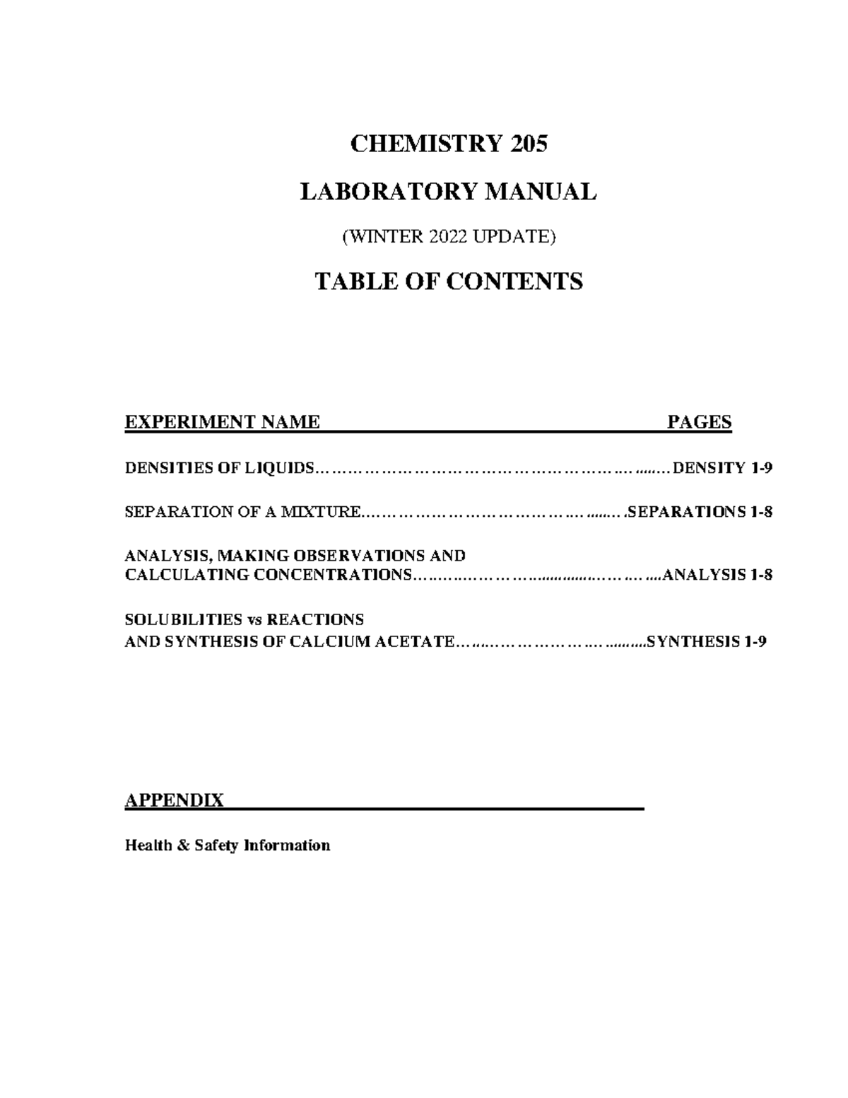 CHEM205 labmanual all Winter 2022 update - CHEMISTRY 205 LABORATORY ...