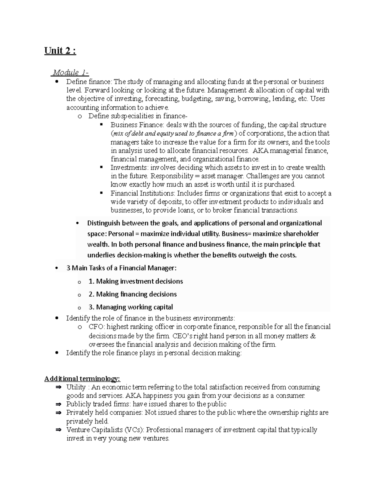 D076 Study Guide - FINANCE SKILLS FOR MANAGERS - Unit 2 : Module Define ...