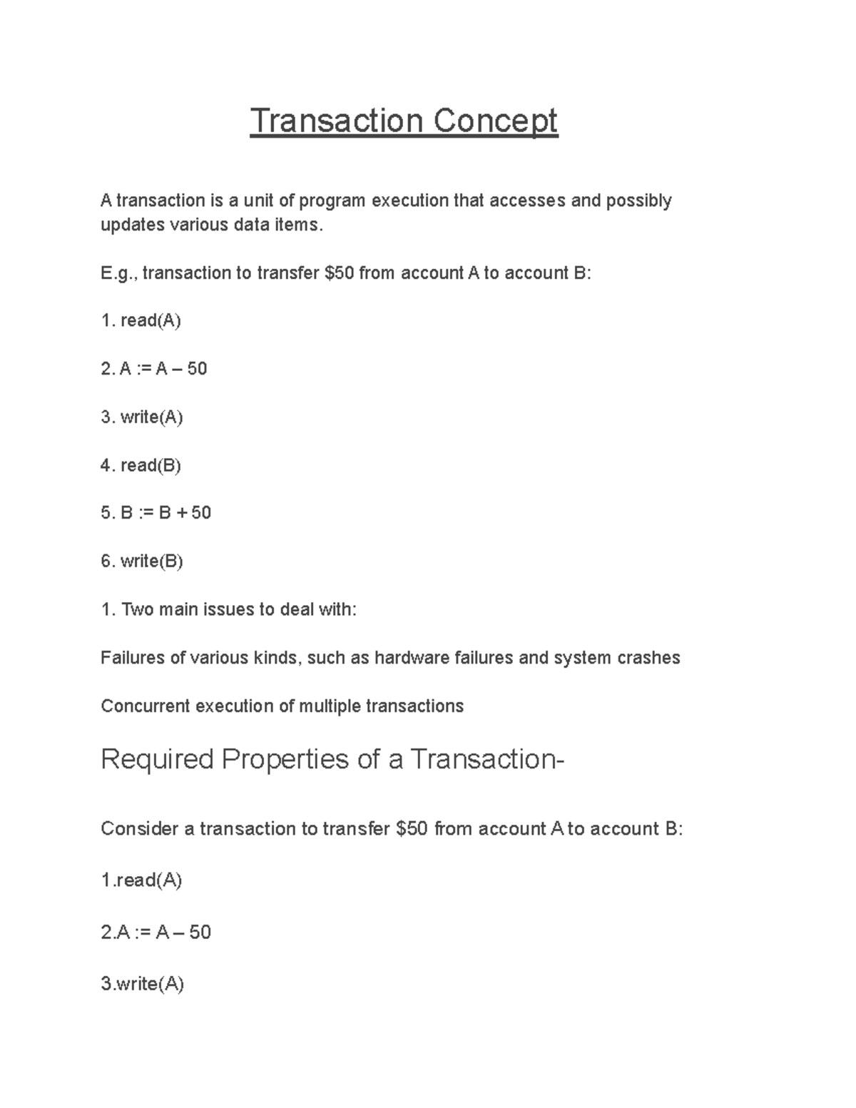 Transaction Concept - E., transaction to transfer $50 from account A to ...