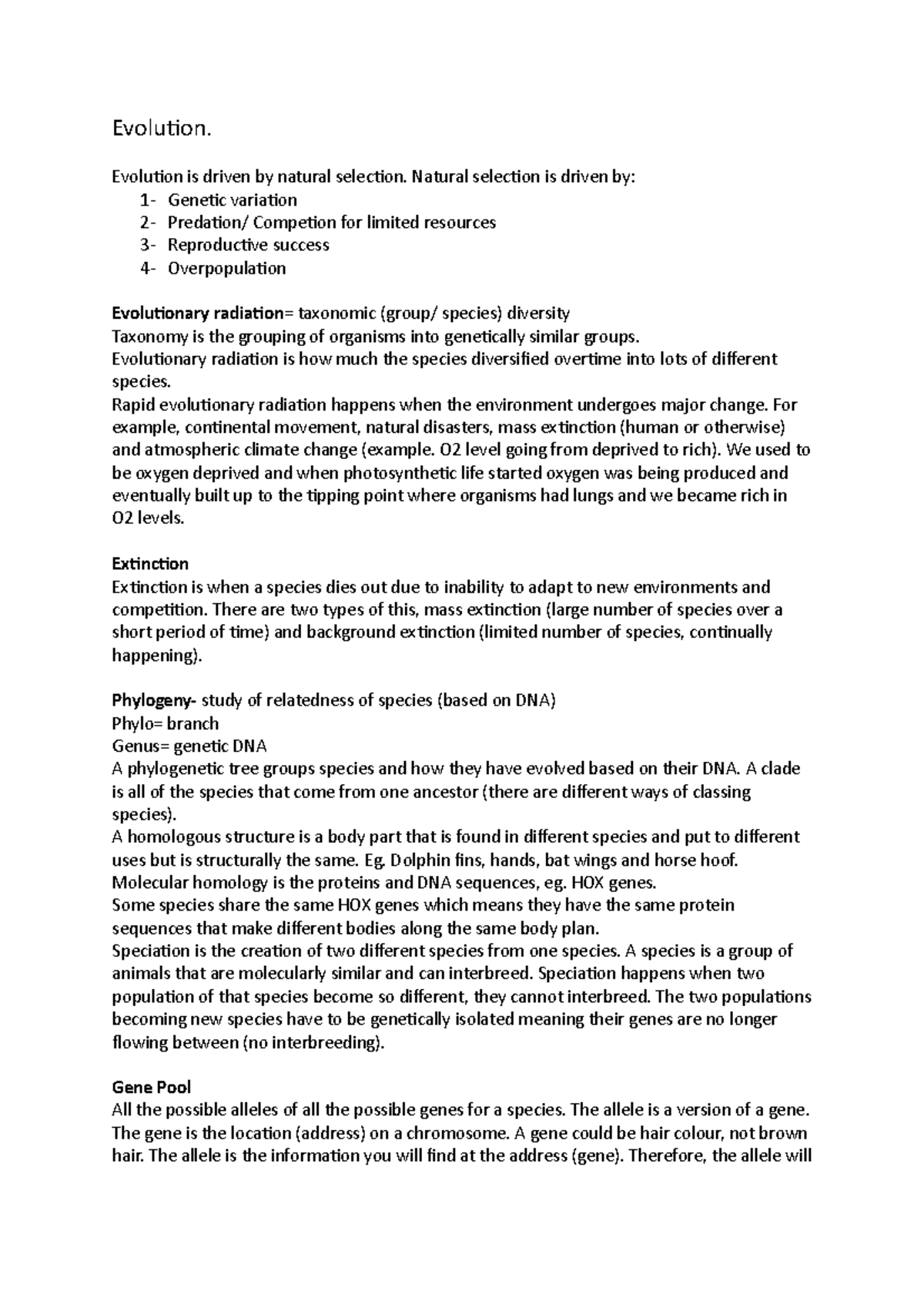 Evolution notes (phylogeny and gene pool) - Evolution. Evolution is ...