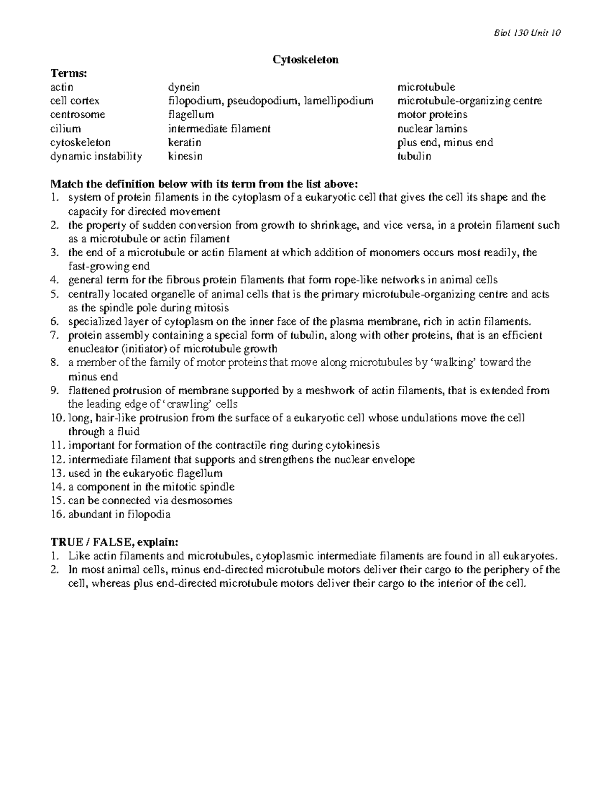 Worksheet Unit 10 - Cytoskeleton - Biol 130 Unit 10 Cytoskeleton Terms ...