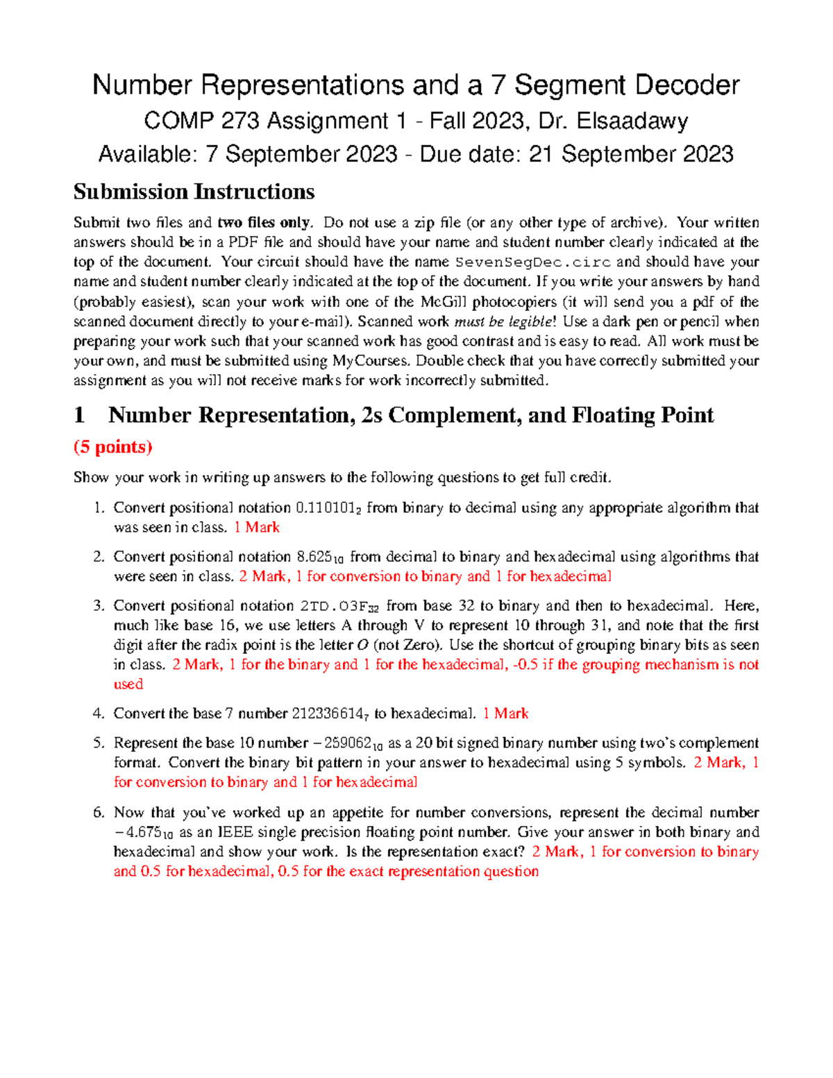 COMP273 A1 - ass - Number Representations and a 7 Segment Decoder COMP ...