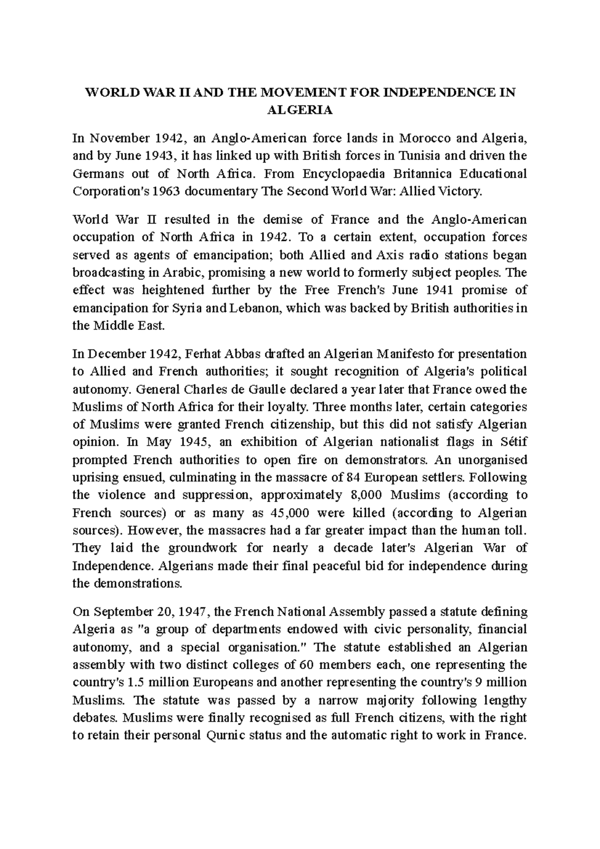 World WAR II AND THE Movement FOR Independence IN Algeria - WORLD WAR ...