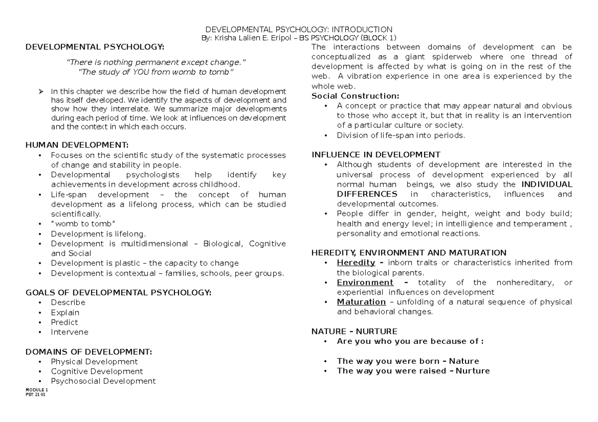 Module 1 - DEVELOPMENTAL PSYCHOLOGY - By: Krisha Lalien E. Eripol – BS ...