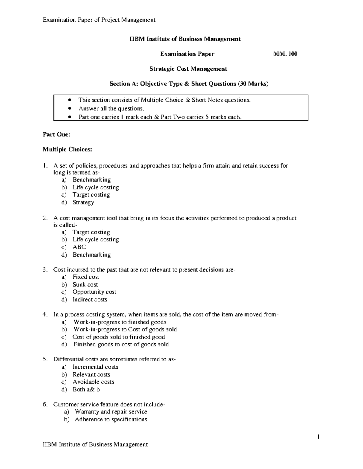 Examination Paper of Project Management - 1 IIBM Institute of Business ...