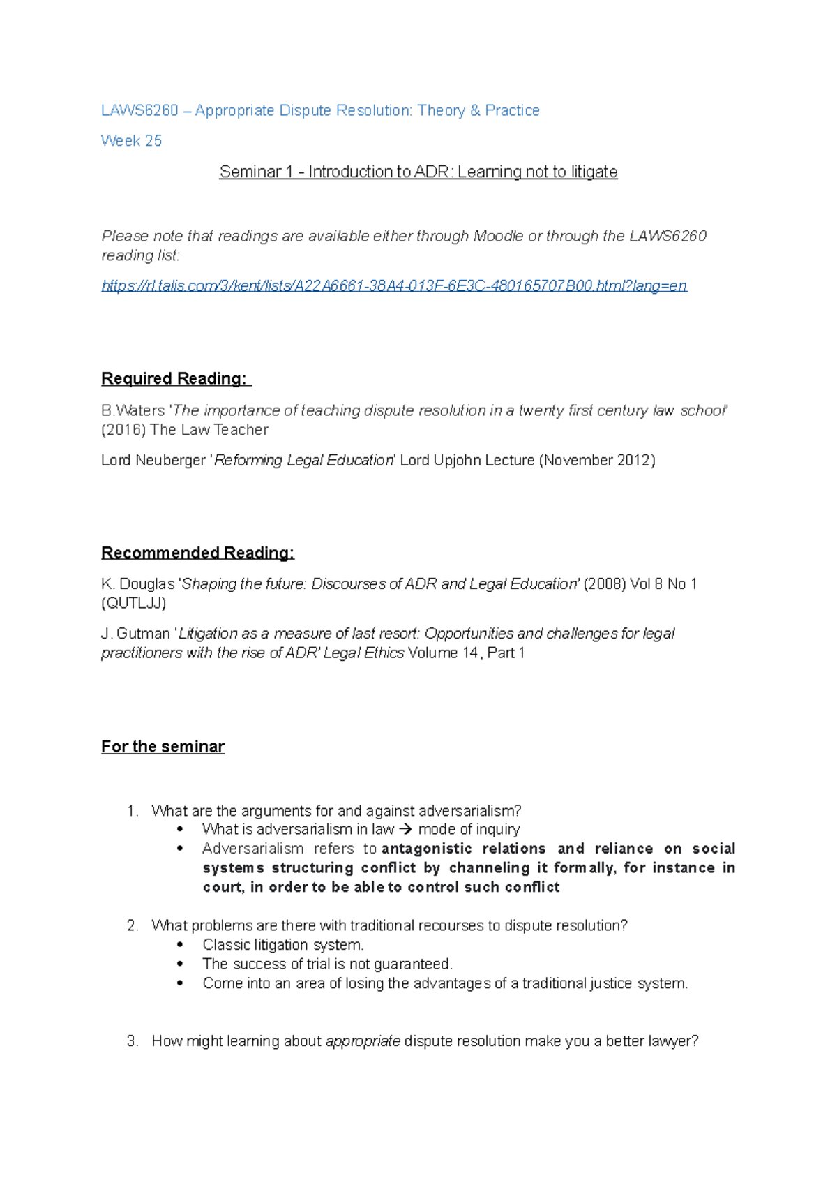 Seminar 1 20222023 - LAWS6260 – Appropriate Dispute Resolution: Theory ...