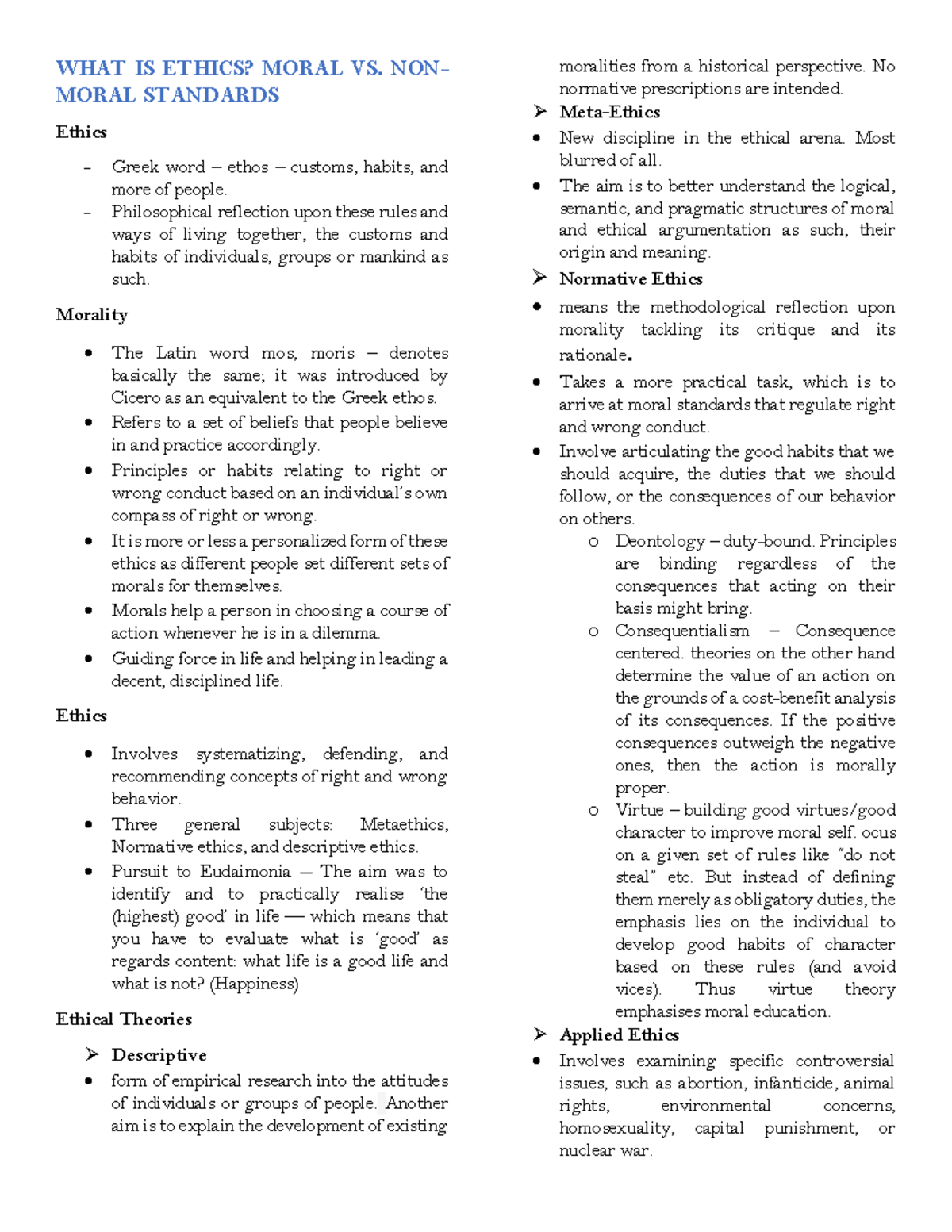 Ethics Midterm - WHAT IS ETHICS? MORAL VS. NON- MORAL STANDARDS Ethics ...