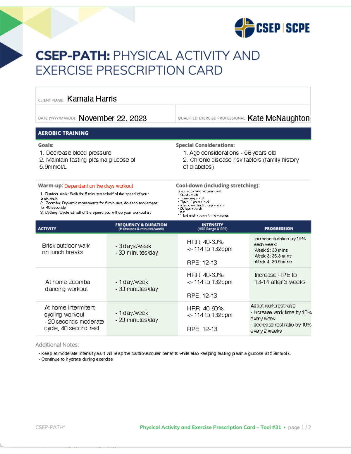 Exercise Prescription Card 1 of 2 - KIN 3402 - Studocu