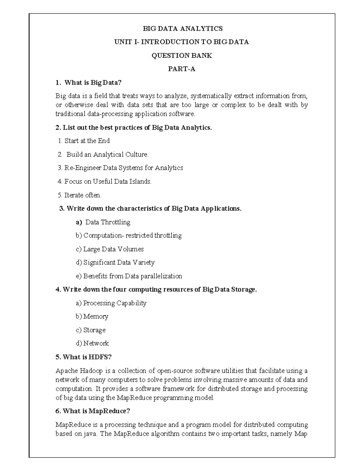 BDA UNIT 1 Question BANK Solutions - BIG DATA ANALYTICS UNIT I- INTRODUCTION TO BIG DATA ...