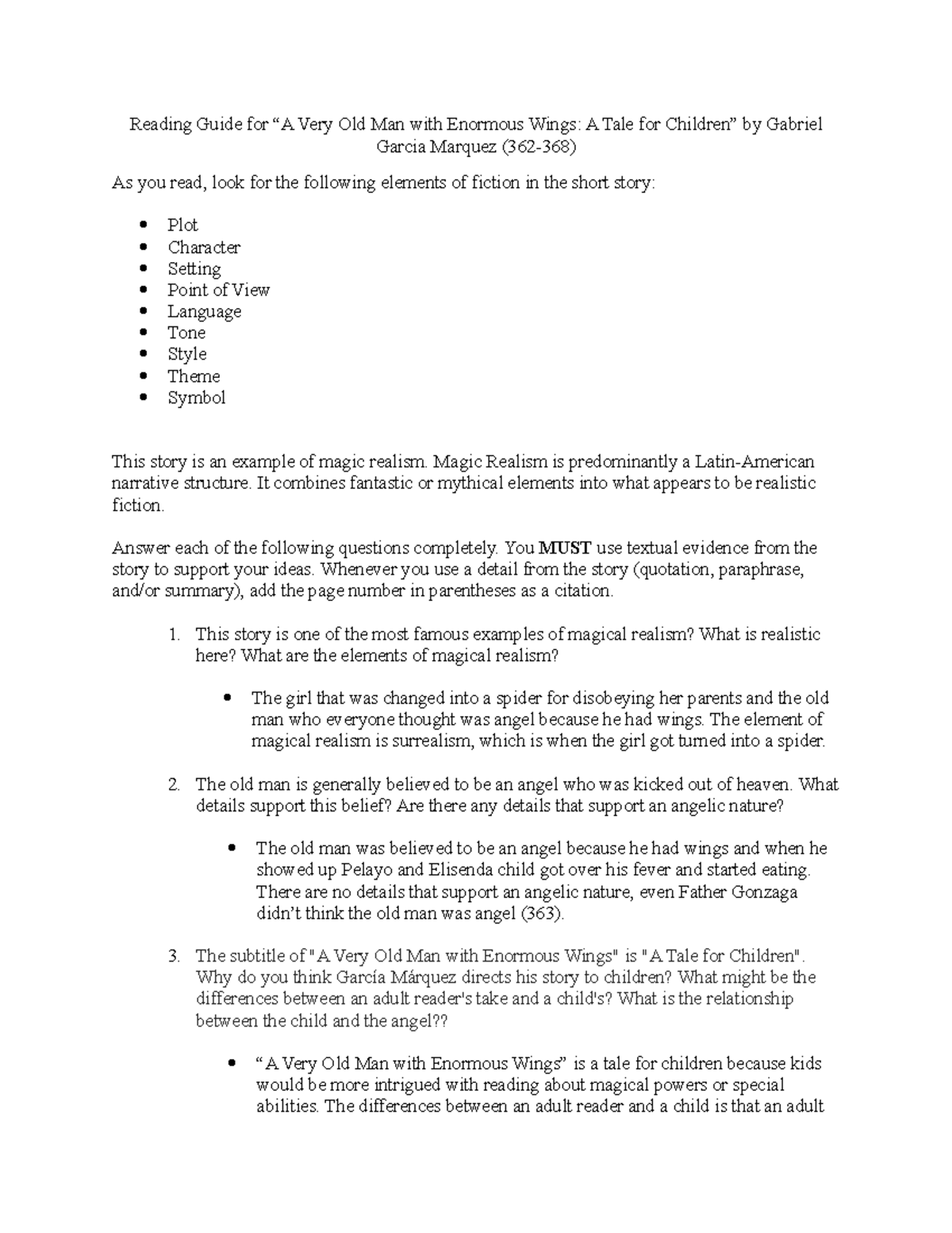 Reading Guide for A Very Old Man with Enormous Wings - Magic Realism is ...