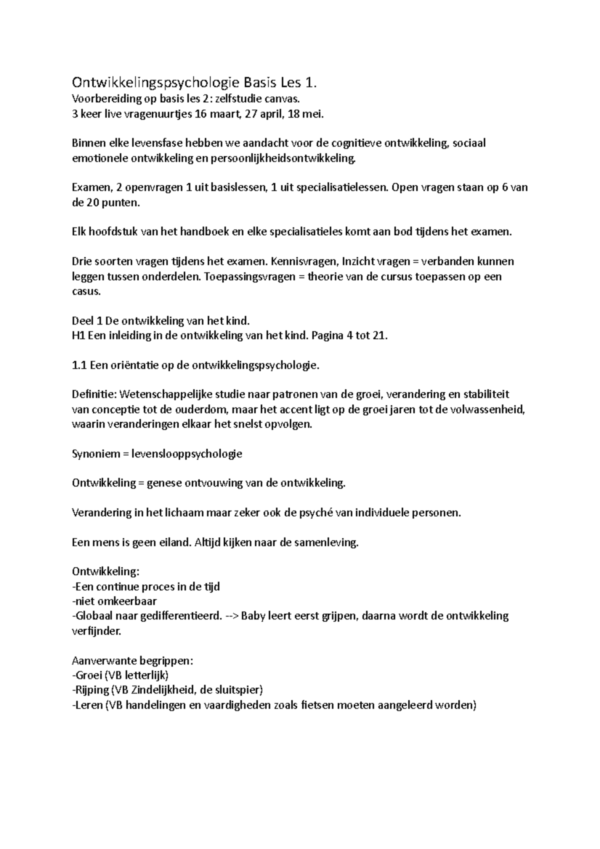 Ontwikkelingspsychologie Notities Van Jaar 2020 2021