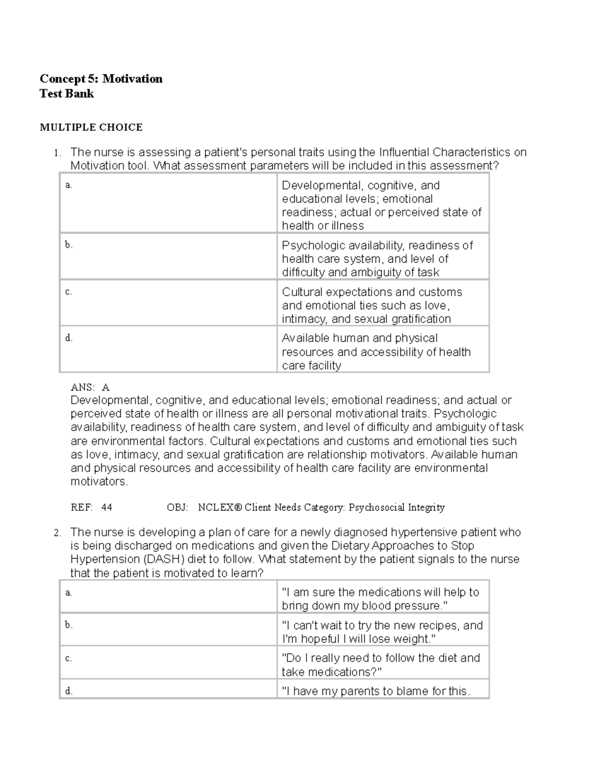 Concept 5 motivation - lecture notes - Concept 5: Motivation Test Bank ...