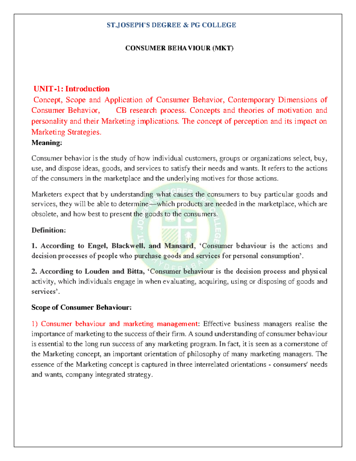 CB - customer behavior - CONSUMER BEHAVIOUR (MKT) UNIT-1: Introduction ...