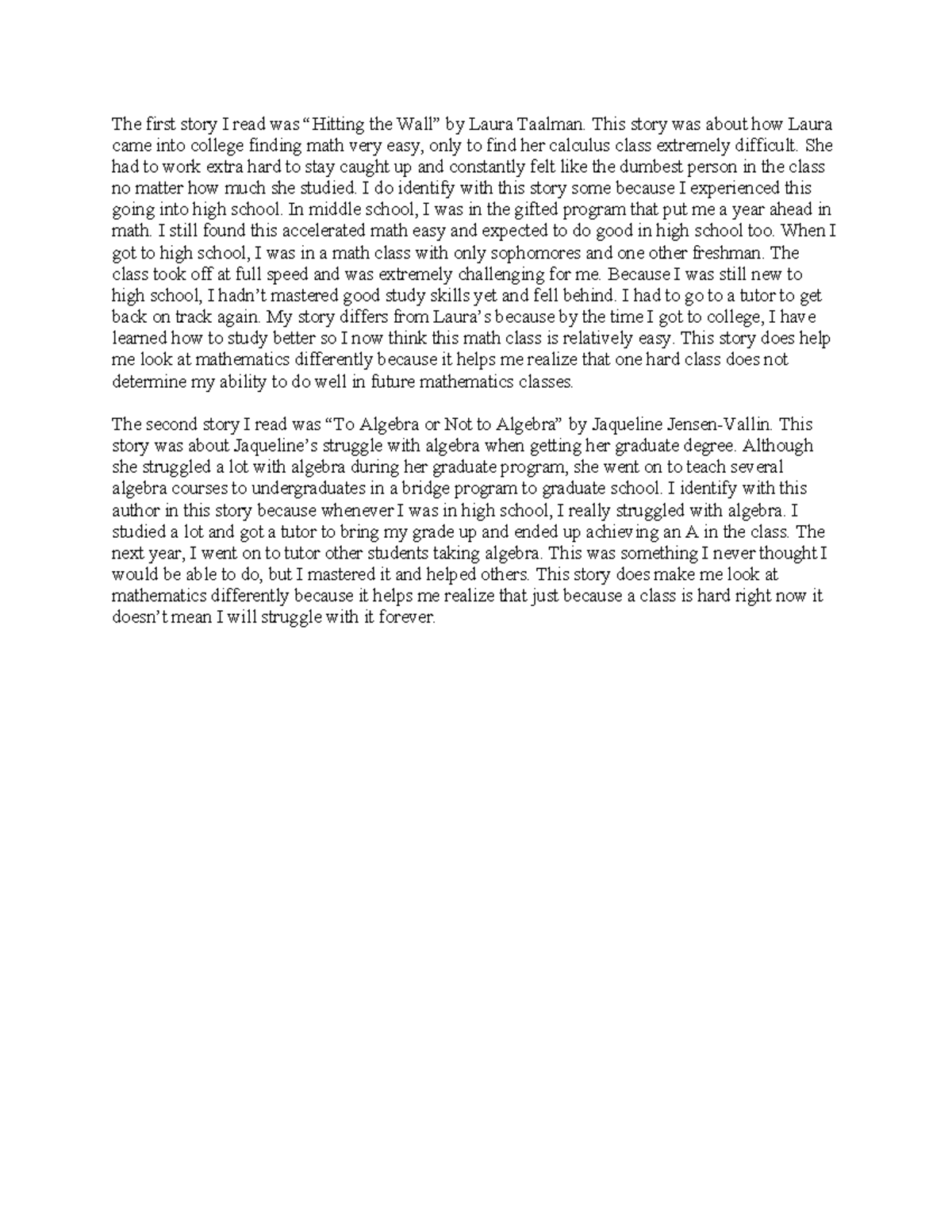 MA 110 Living Proof - Reading for class - The first story I read was ...