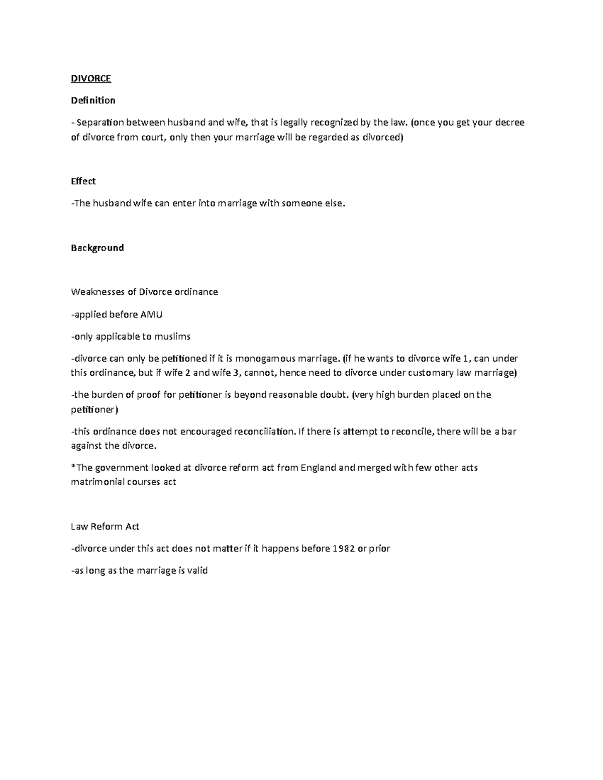 Notes on Divorce (Family Law) - DIVORCE Definition Separation between ...