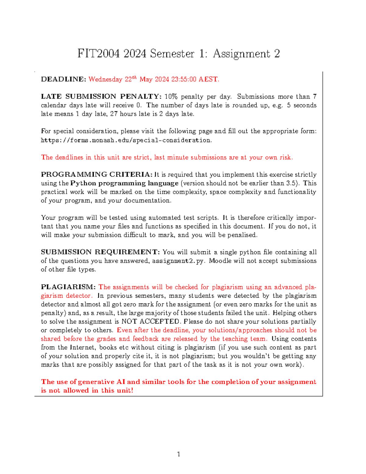 Assignment 2 2024 - FIT2004 2024 Semester 1: Assignment 2 DEADLINE: Wednesday 22th May 2024 23: ...