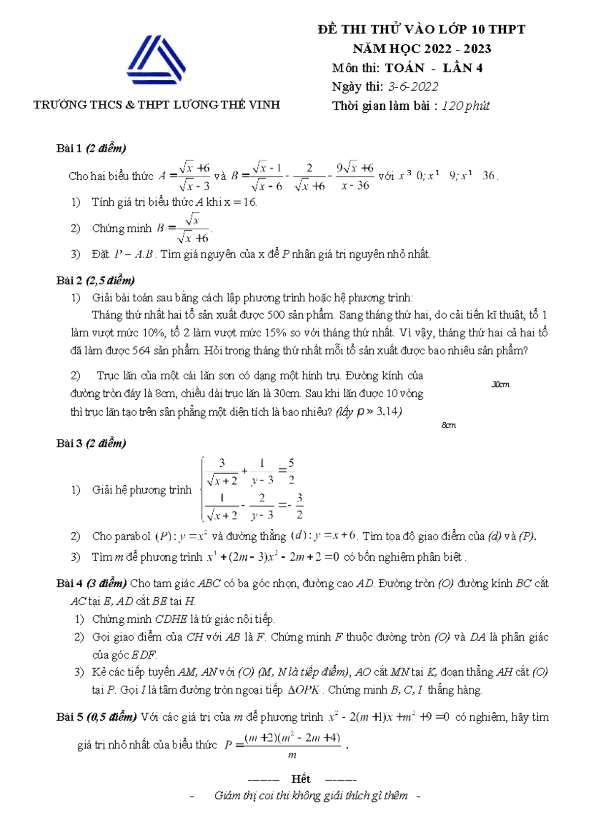 DE THI THU TOAN 9 LTV 2022 LAN 4 - TRƯỜNG THCS & THPT LƯƠNG THẾ VINH ĐỀ THI THỬ VÀO LỚP 10 THPT ...