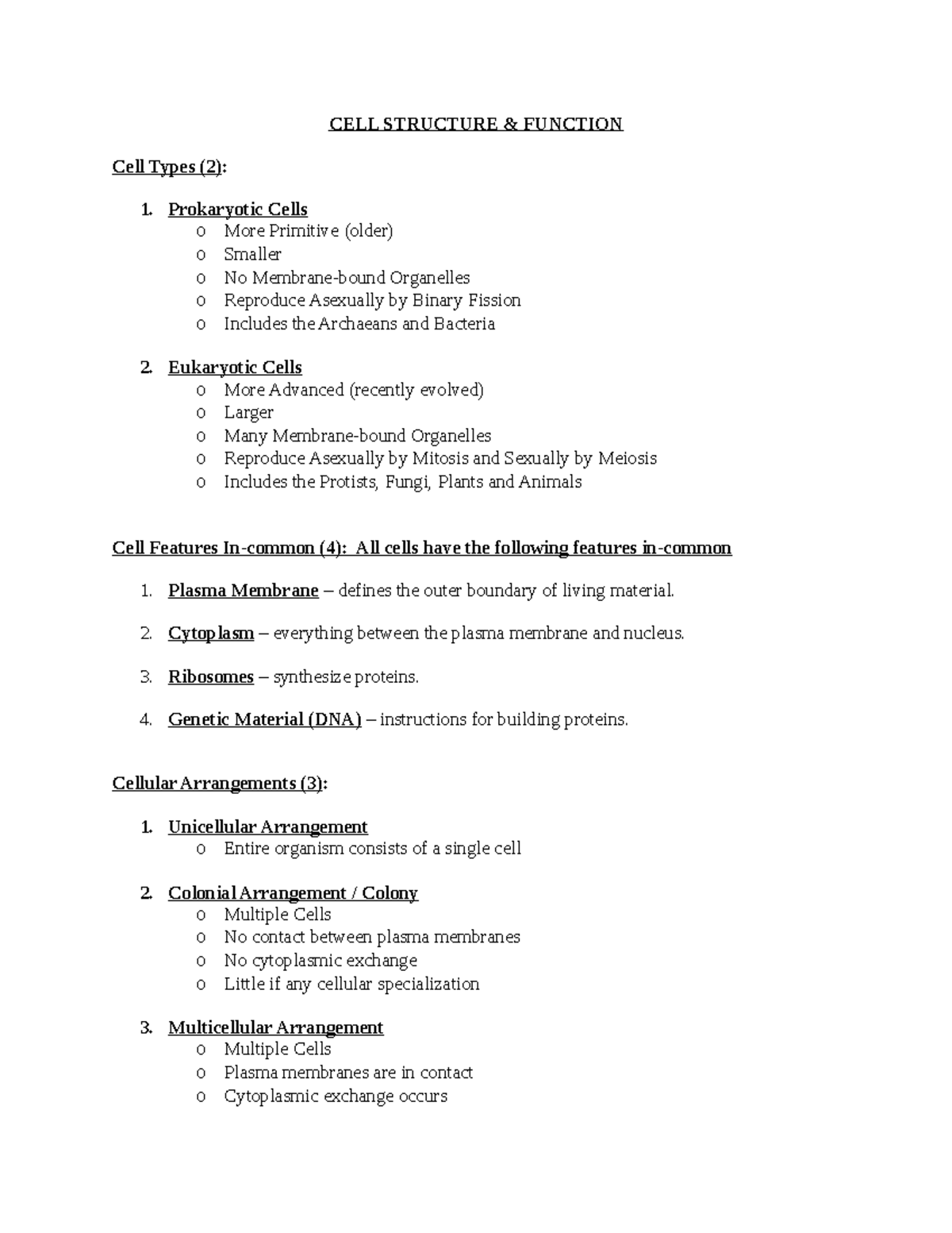 Biol 1406 Lecture Notes Cell Structure And Function Cell Structure And Function Cell Types 2
