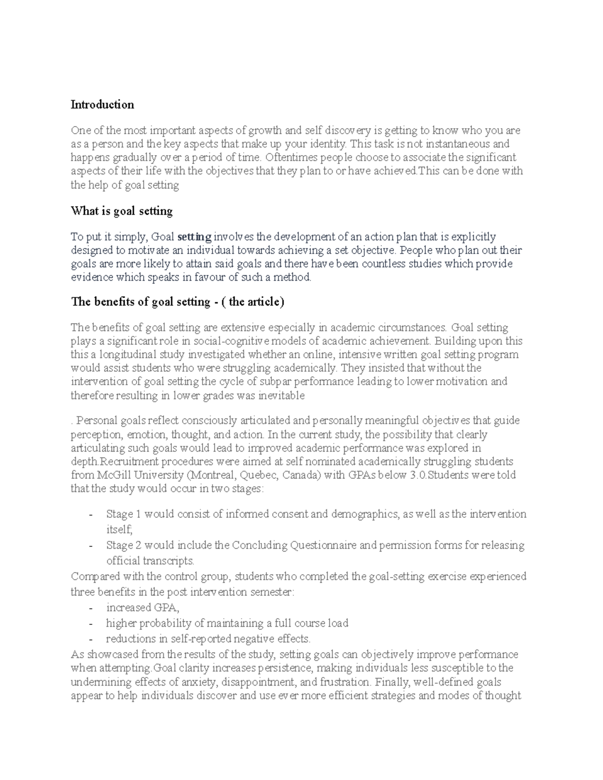 Goal setting script - task - Introduction One of the most important ...