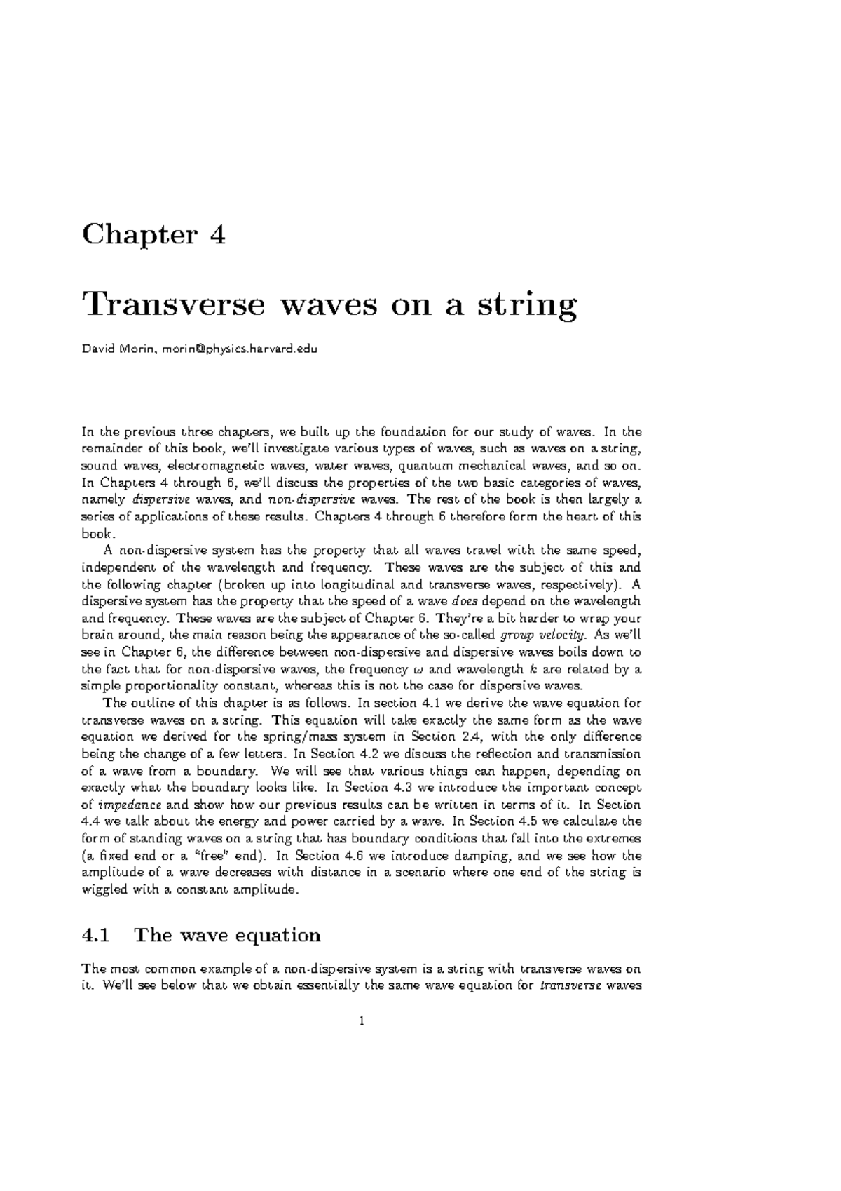 Waves transverse physics - Chapter 4 Transverse waves on a string David Morin, morin@physics ...
