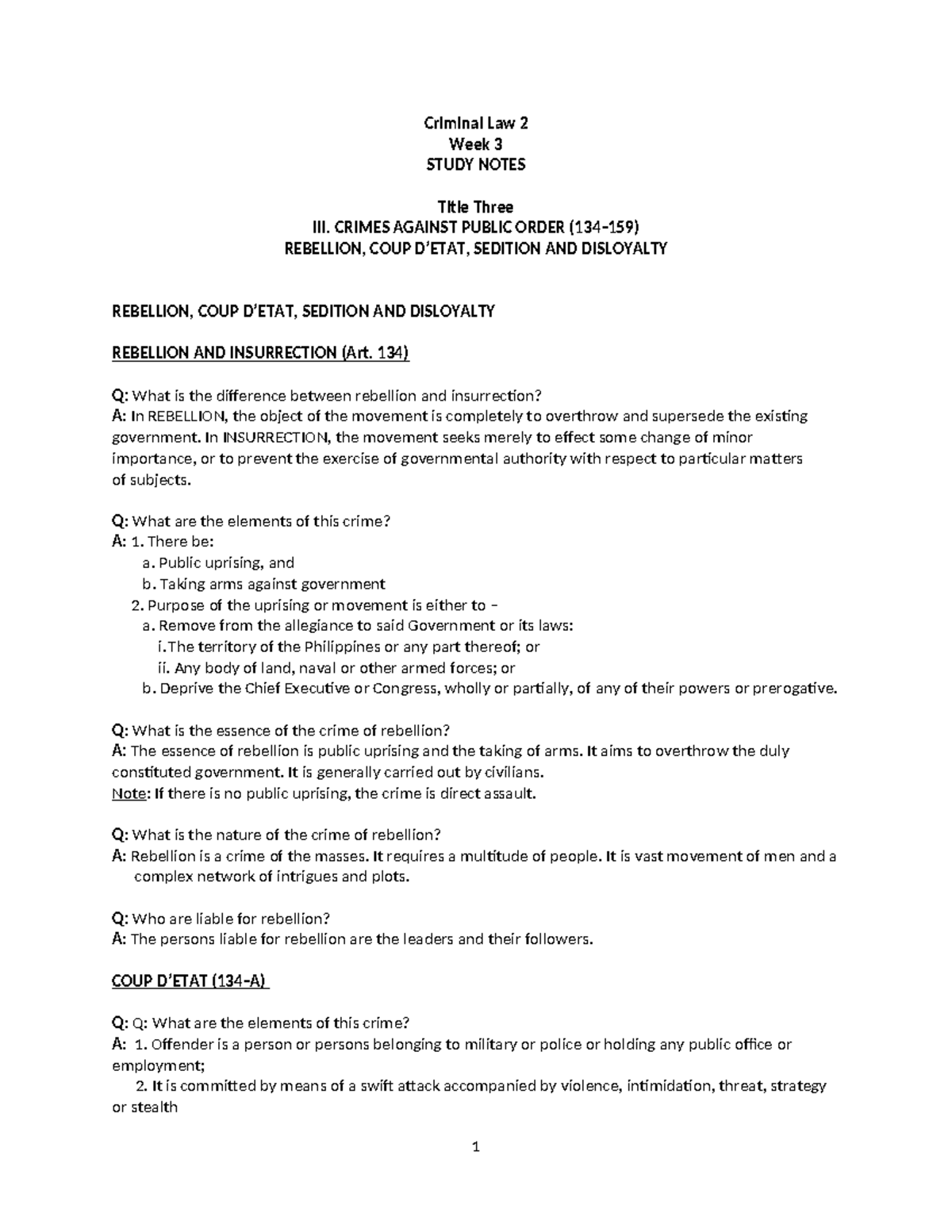 Wk3 Study Notes CL2 - fghf - Criminal Law 2 Week 3 STUDY NOTES Title ...