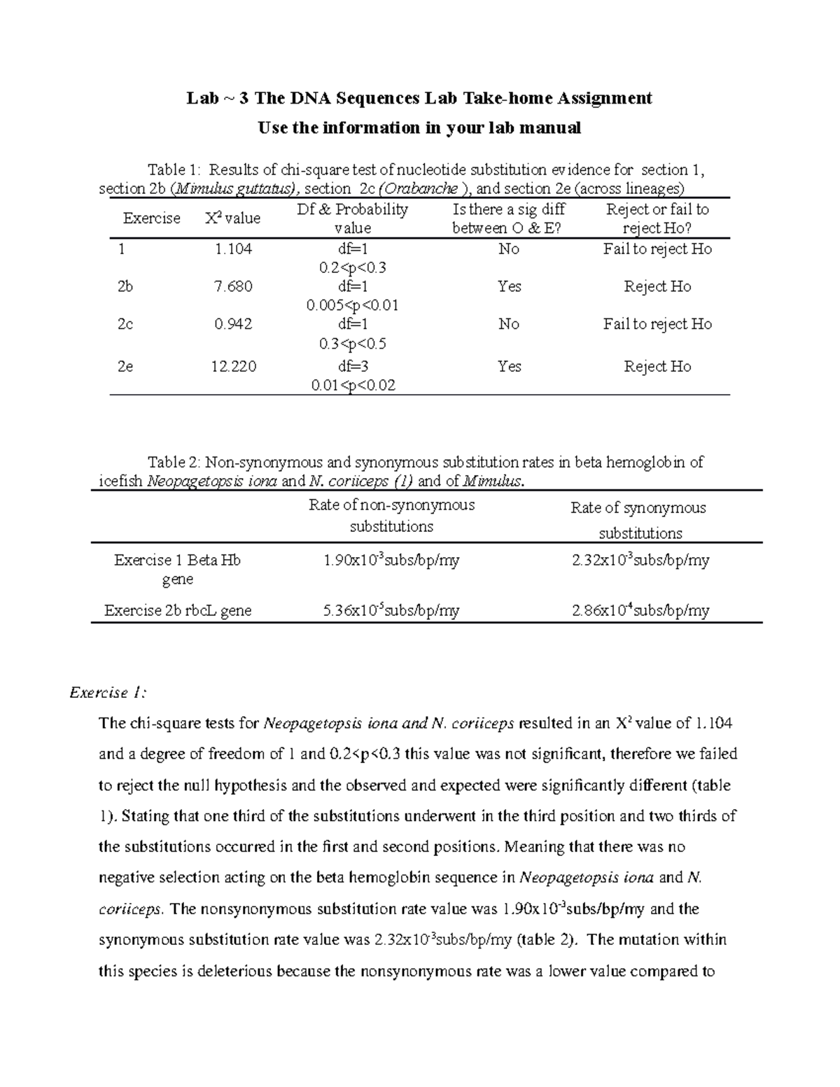 Evolution lab 3 - Lab ~ 3 The DNA Sequences Lab Take-home Assignment - Lab ~ 3 The DNA Sequences ...