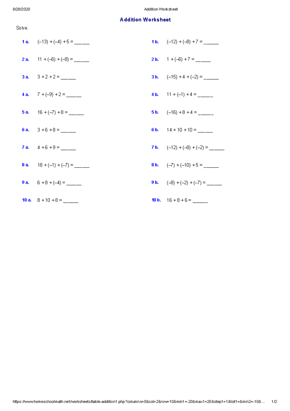 Addition Worksheet 1 - 8/28/2020 Addition Worksheet - Studocu