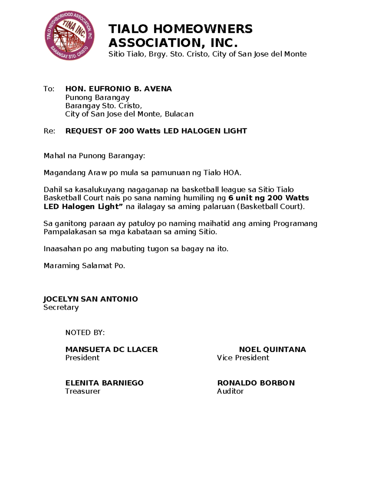 1. Halogen Light Solicit - TIALO HOMEOWNERS ASSOCIATION, INC. Sitio ...