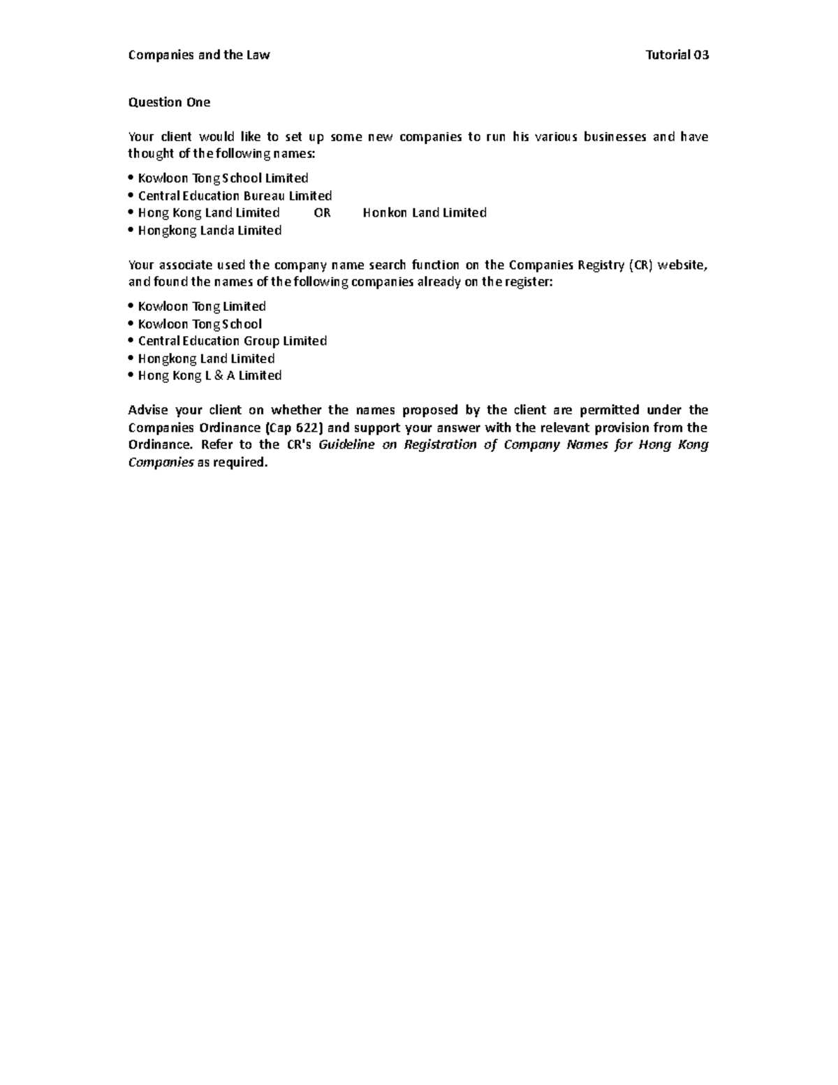 Lecture three commercial ups - Companies and the Law Tutorial 03 ...