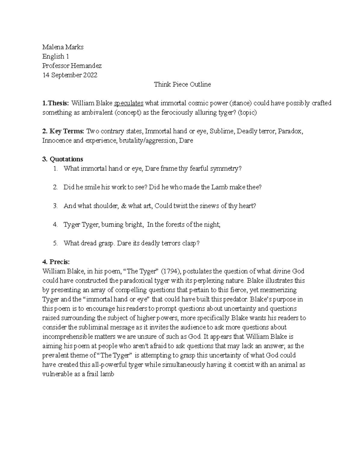 Think Piece Final Draft - Malena Marks English 1 Professor Hernandez 14 ...