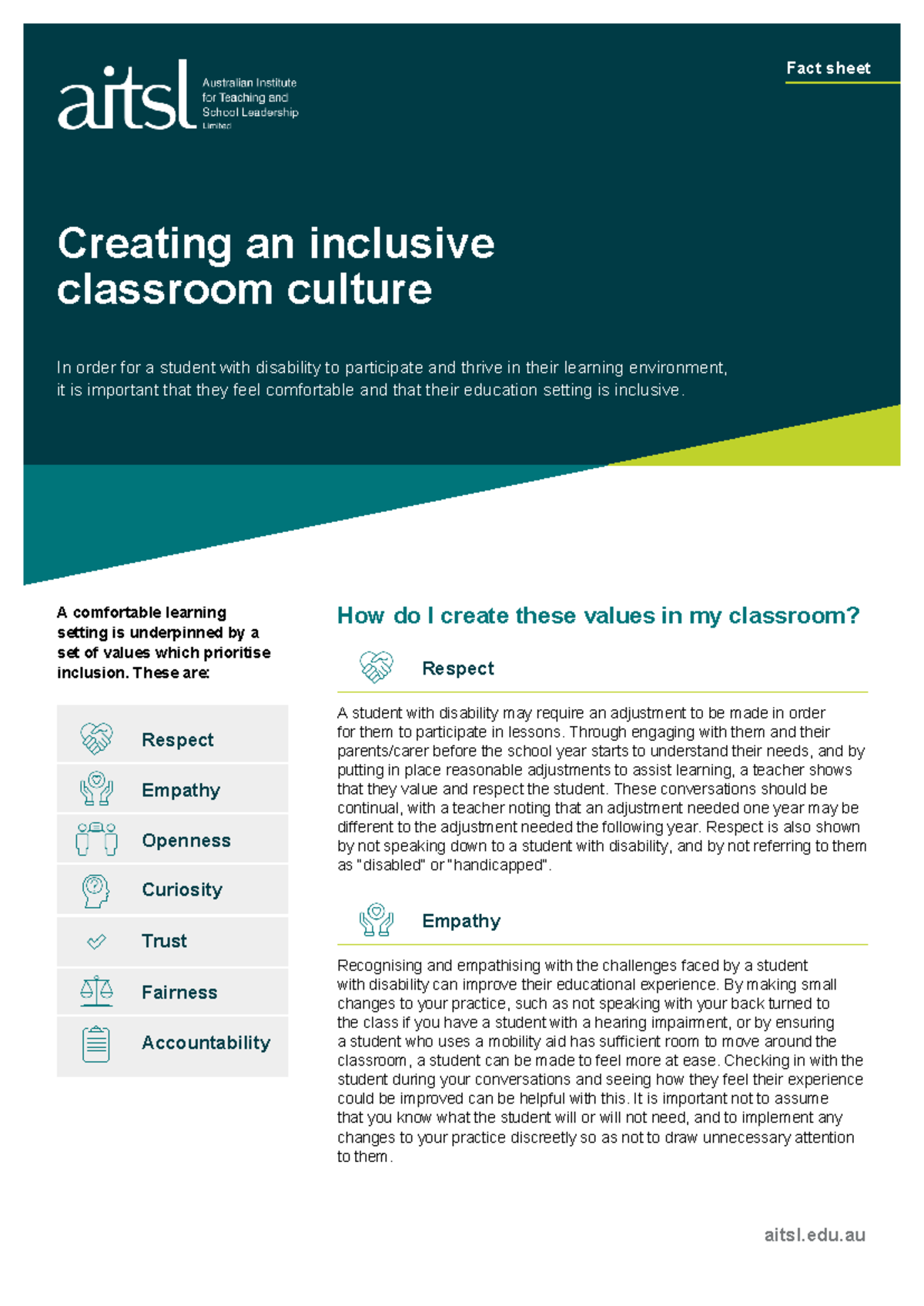 Creating an inclusive classroom culture fact sheet - aitsl.edu Fact ...