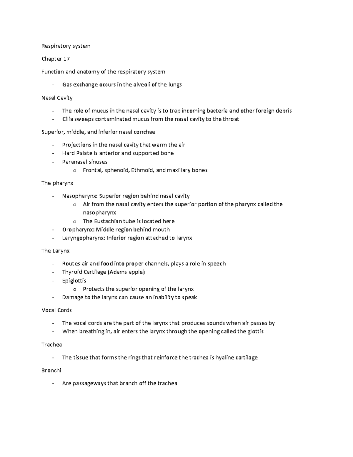Respiratory - notes - Respiratory system Chapter 17 Function and ...