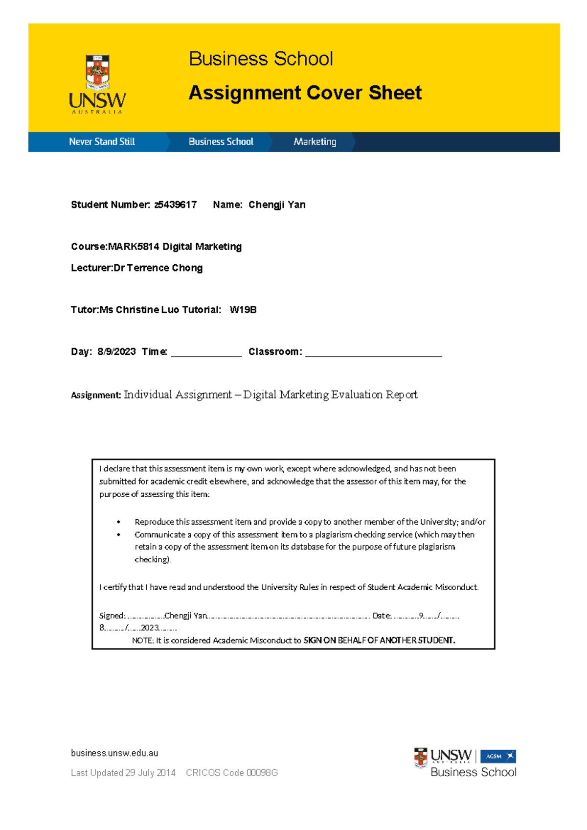 MARK5814 T2-2023 Assignment Cover Sheet - Individual - business.unsw ...