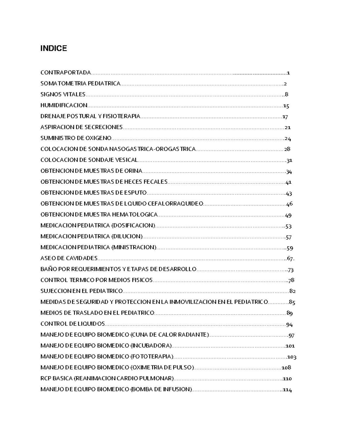 Procedimientos y cuidados de enfermeria - INDICE - Studocu