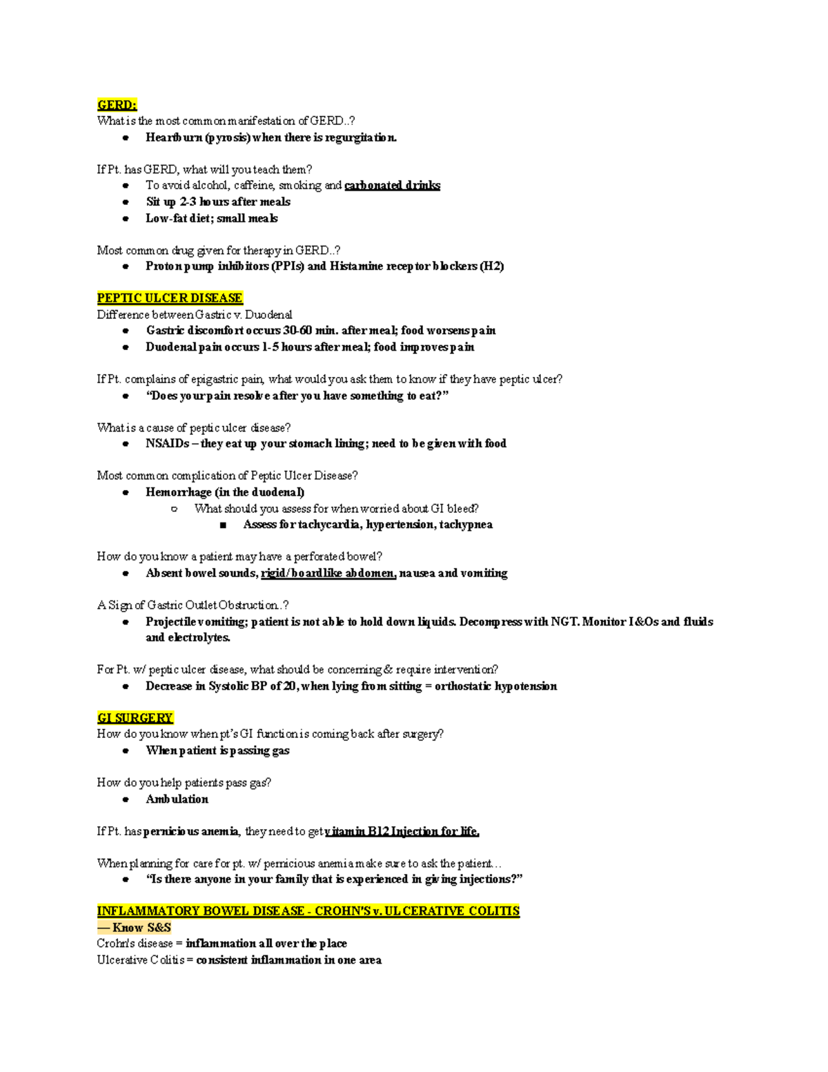 Med Surg Final Review Notes for Final - GERD: What is the most common ...